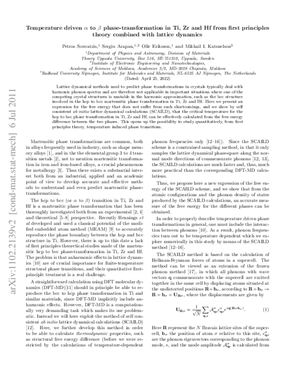 Pdf Temperature Driven Alpha To Beta Phase Transformation In Ti From First Principles