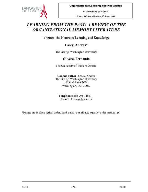 (PDF) Learning from the past: A review of the organizational memory literature