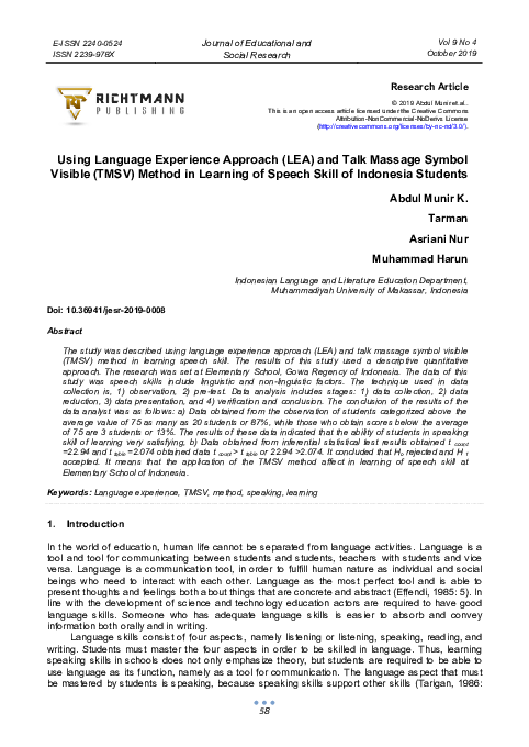 (PDF) Using Language Experience Approach (LEA) and Talk Massage Symbol ...