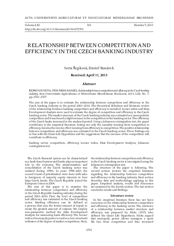(PDF) Relationship between competition and efficiency in the Czech ...