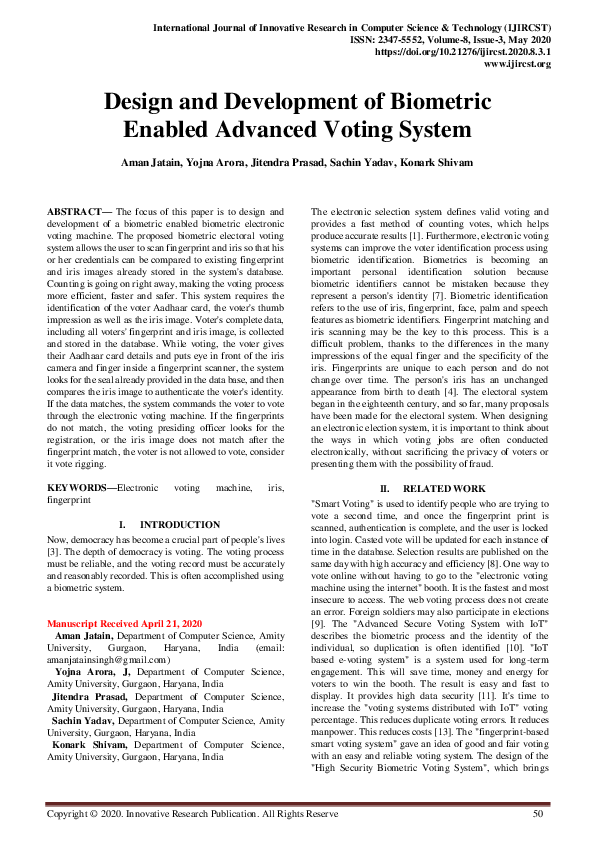 (PDF) Design and Development of Biometric Enabled Advanced Voting System