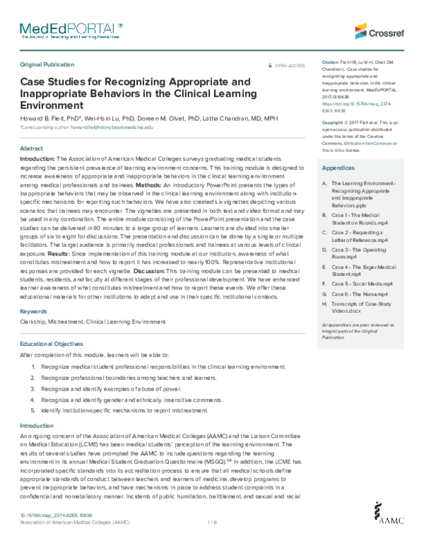 (PDF) Case Studies for Recognizing Appropriate and Inappropriate Behaviors in the Clinical ...