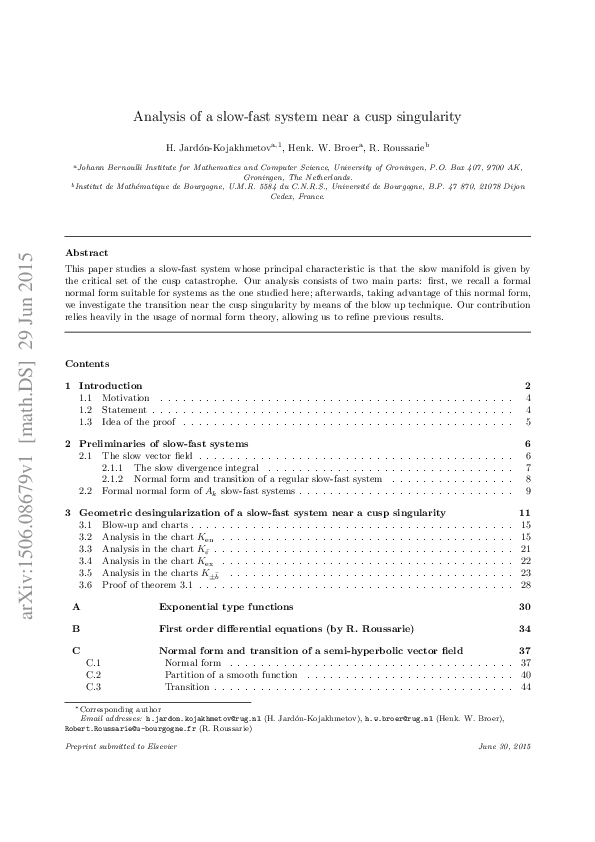 (PDF) Analysis of a slow–fast system near a cusp singularity
