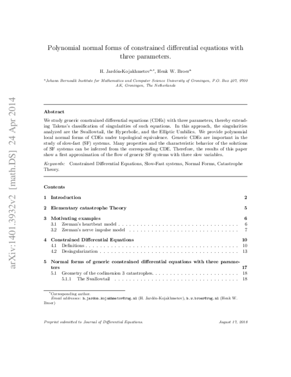 Pdf Polynomial Normal Forms Of Constrained Differential Equations With Three Parameters