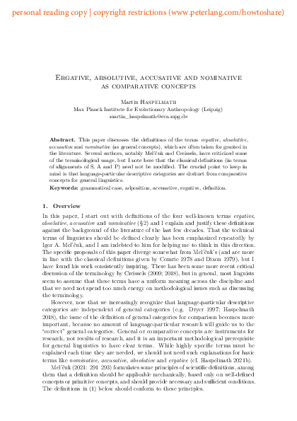 (PDF) Ergative, absolutive, accusative and nominative as comparative concepts