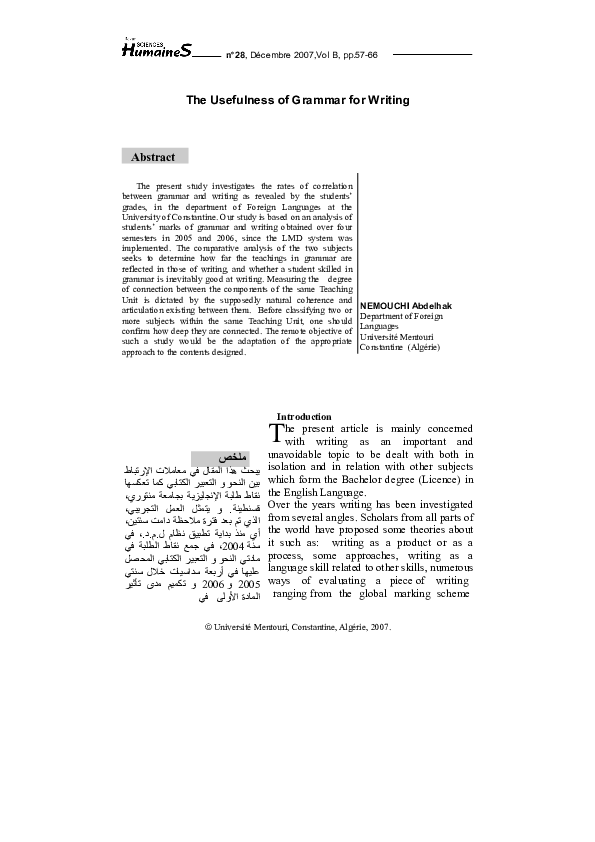 (PDF) The Usefulness of Grammar for Writing