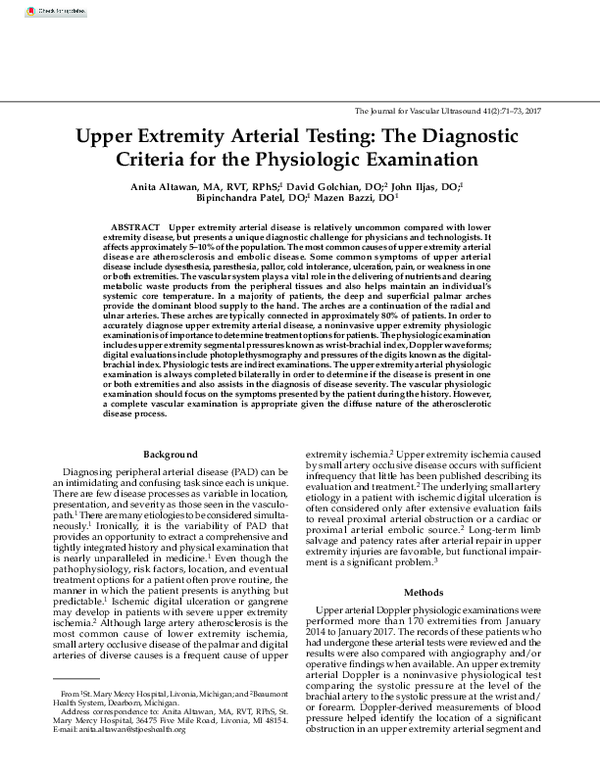 (PDF) Upper Extremity Arterial Testing: The Diagnostic Criteria for the ...