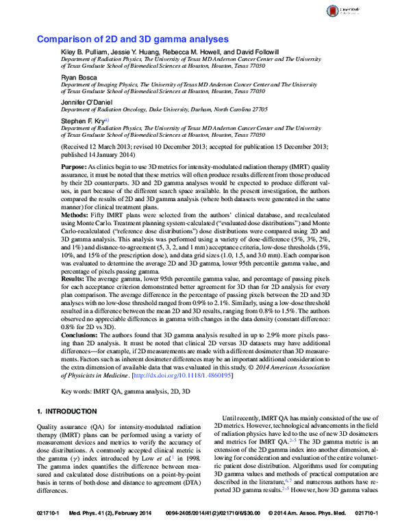 (PDF) Comparison of 2D and 3D gamma analyses