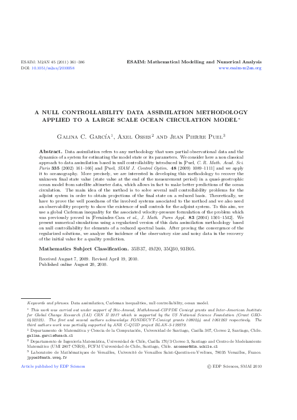 Pdf A Null Controllability Data Assimilation Methodology Applied To A Large Scale Ocean