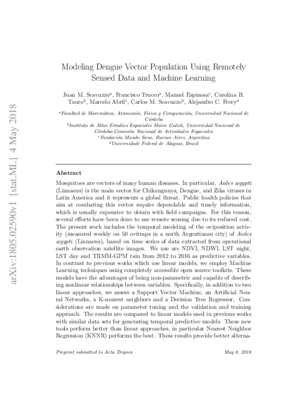 Pdf Modeling Dengue Vector Population Using Remotely Sensed Data And