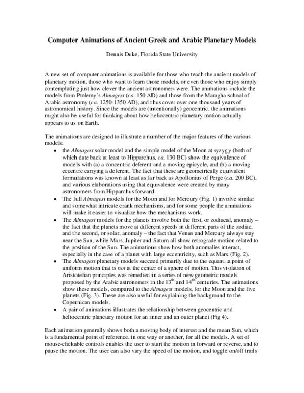 (PDF) Computer Animations of Ancient Greek and Arabic Planetary Models