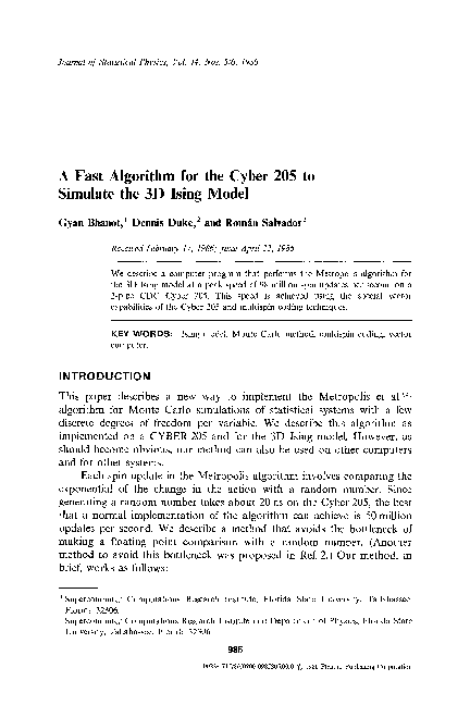 (PDF) Fast 3D Ising Model Simulation on Cyber 205