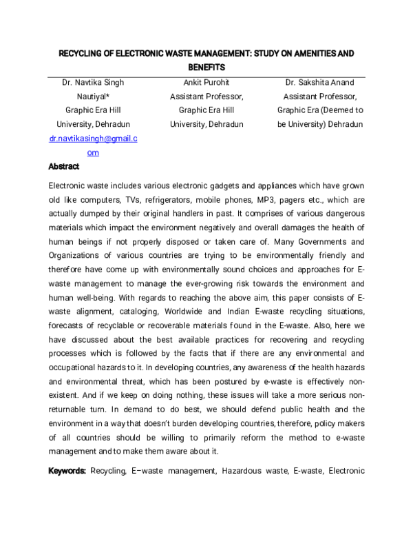 (PDF) RECYCLING OF ELECTRONIC WASTE MANAGEMENT