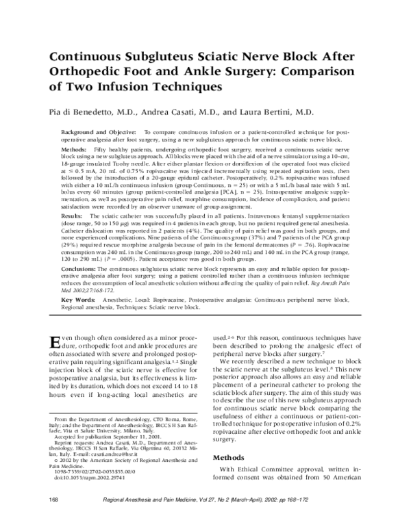 (PDF) Continuous subgluteus sciatic nerve block after orthopedic foot ...