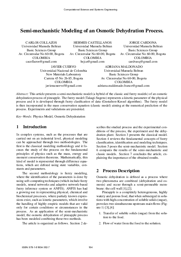 (PDF) Semi-Mechanistic Modeling of an Osmotic Dehydration Process