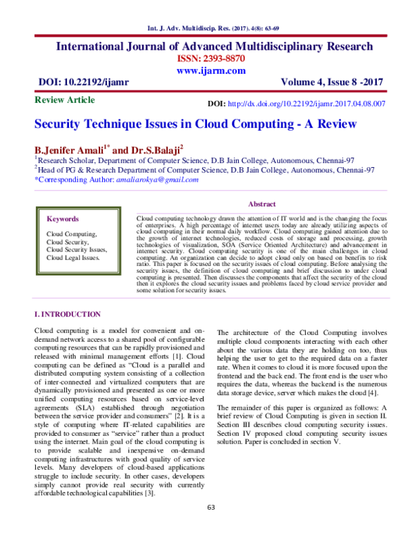 Pdf Security Technique Issues In Cloud Computing A Review Jenifer