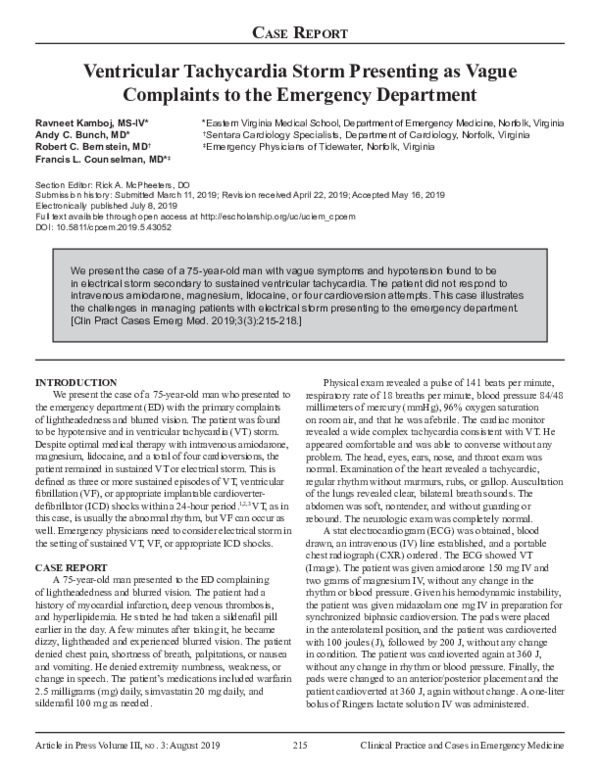 (PDF) Ventricular Tachycardia Storm Presenting as Vague Complaints to the Emergency Department