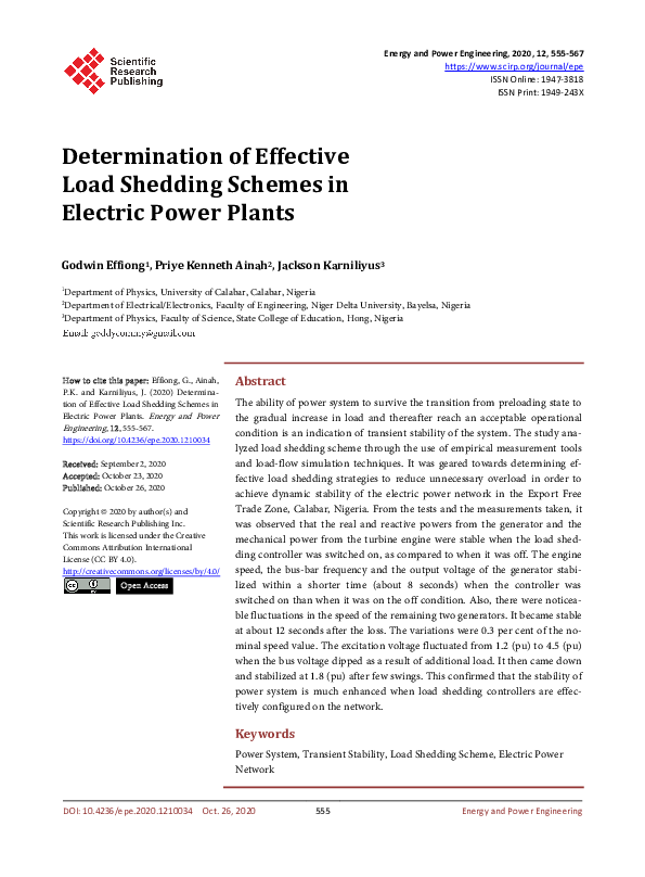 (PDF) Determination of Effective Load Shedding Schemes in Electric Power Plants | kenneth ainah ...