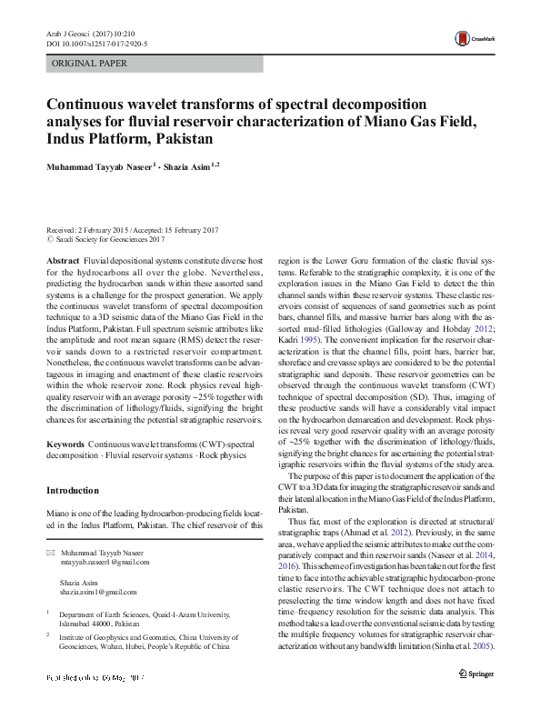 Pdf Continuous Wavelet Transforms Of Spectral Decomposition Analyses For Fluvial Reservoir