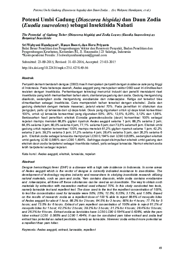 (PDF) Potensi Umbi Gadung (Dioscorea hispida) dan Daun Zodia (Euodia ...