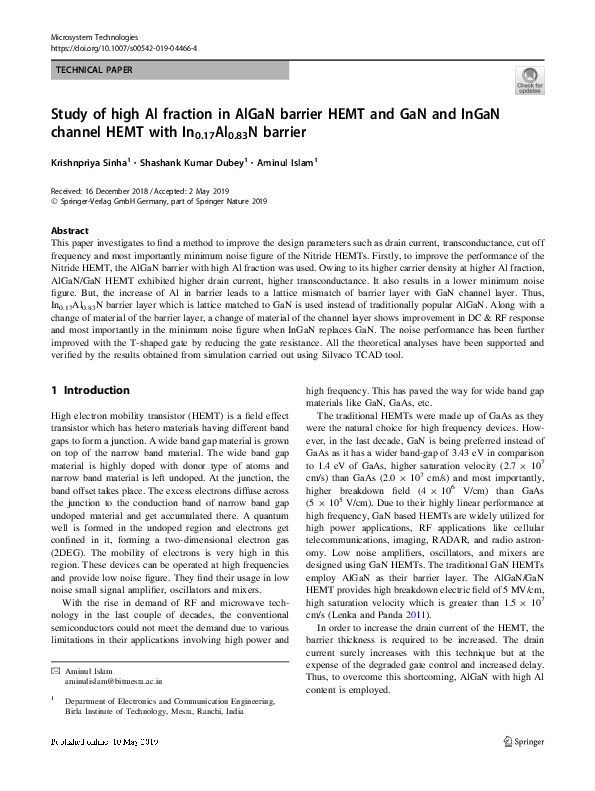 (PDF) Study of high Al fraction in AlGaN barrier HEMT and GaN and InGaN ...
