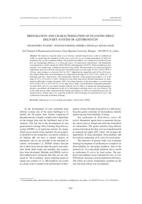 (PDF) Preparation and characterization of floating drug delivery system ...