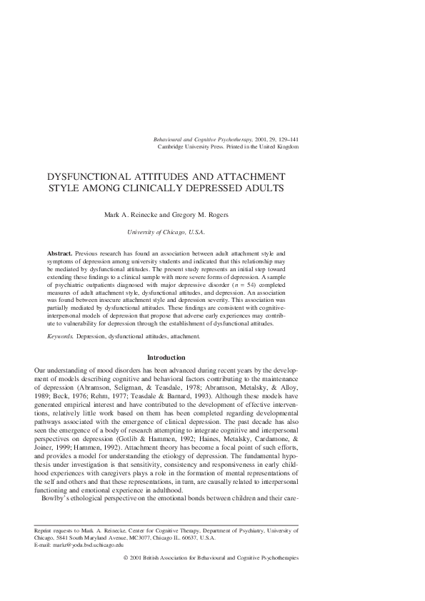 (PDF) Dysfunctional Attitudes and Attachment Style Among Clinically ...
