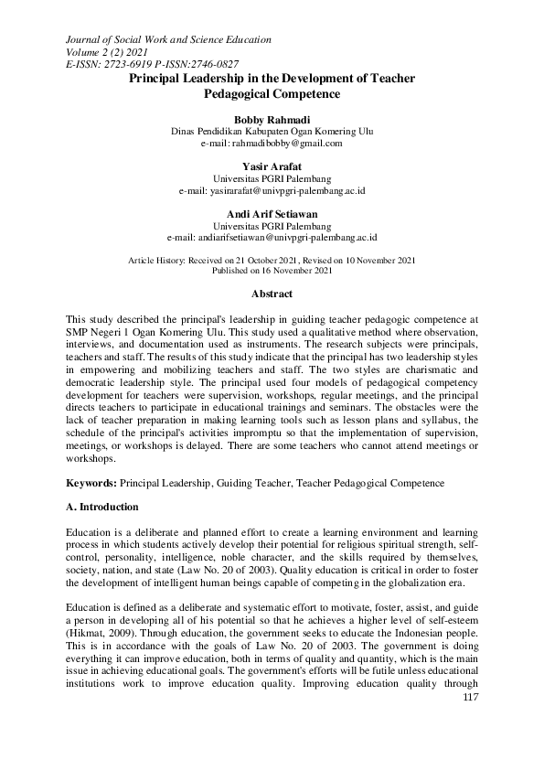 (PDF) Principal Leadership in the Development of Teacher Pedagogical ...