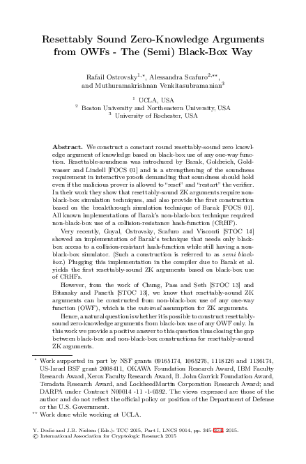 (PDF) Resettably Sound Zero-Knowledge Arguments from OWFs - The (Semi) Black-Box Way
