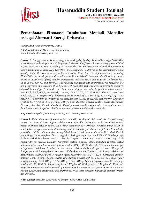 (PDF) Pemanfaatan Biomassa Tumbuhan Menjadi Biopellet Sebagai ...