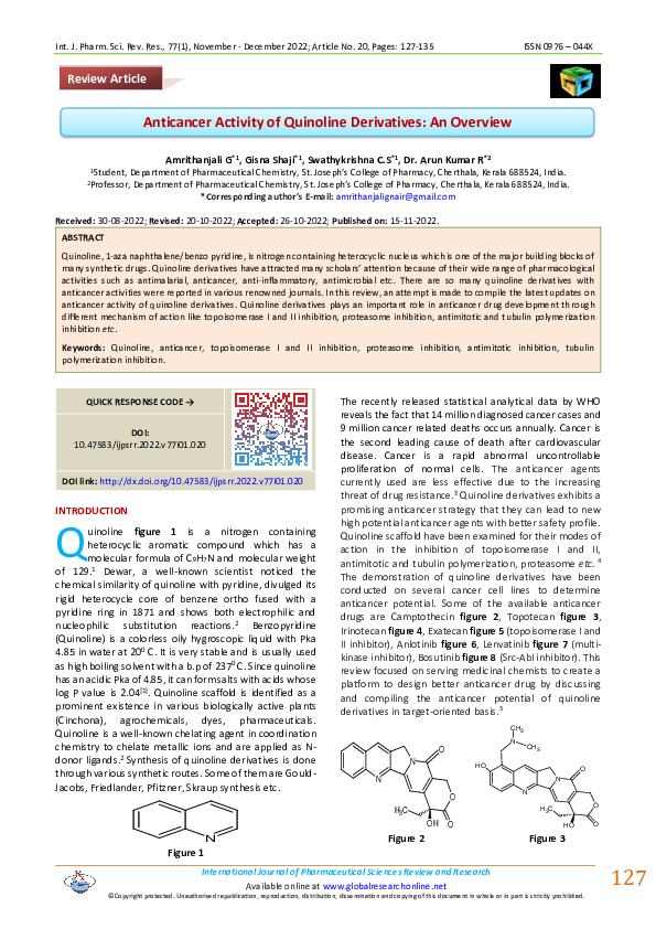 (PDF) Anticancer Activity of Quinoline Derivatives; An Overview