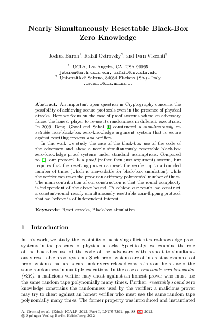 (PDF) Nearly Simultaneously Resettable Black-Box Zero Knowledge | Rafail Ostrovsky - Academia.edu