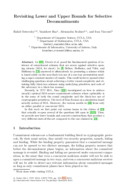 (PDF) Revisiting Lower and Upper Bounds for Selective Decommitments