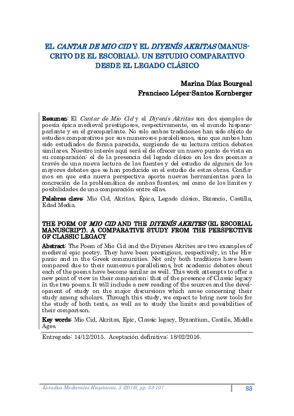 (PDF) The Poem of Mio Cid and the Diyenís Akrites (El Escorial ...