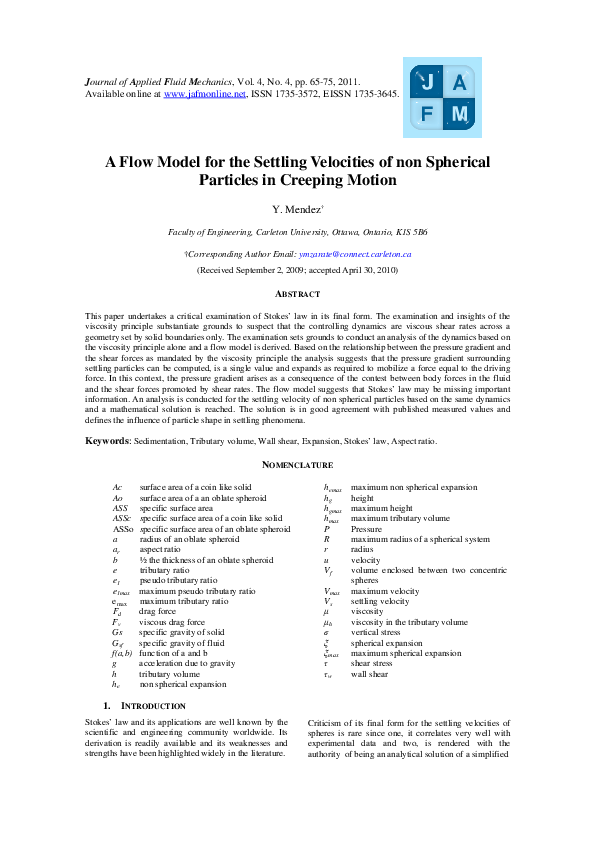 (PDF) A Flow Model for the Settling Velocities of Non Spherical Particles in Creeping Motion ...