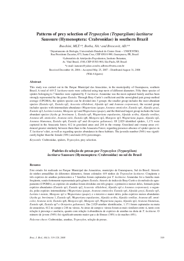 (PDF) Patterns of prey selection of Trypoxylon (Trypargilum) lactitarse ...
