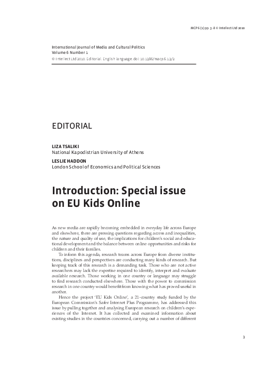 (PDF) Introduction: Special issue on EU Kids Online