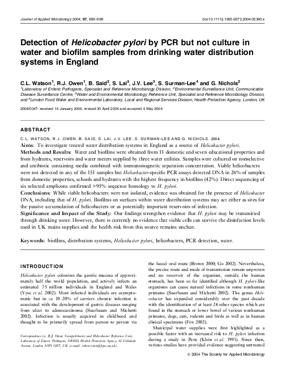 (PDF) Helicobacter pylori Detection in UK Water Systems
