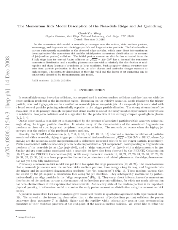 (PDF) Momentum kick model description of the near-side ridge and jet ...