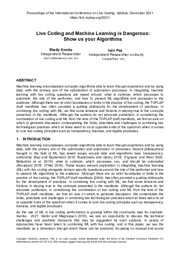(PDF) Live Coding and Machine Learning is Dangerous: Show us your Algorithms