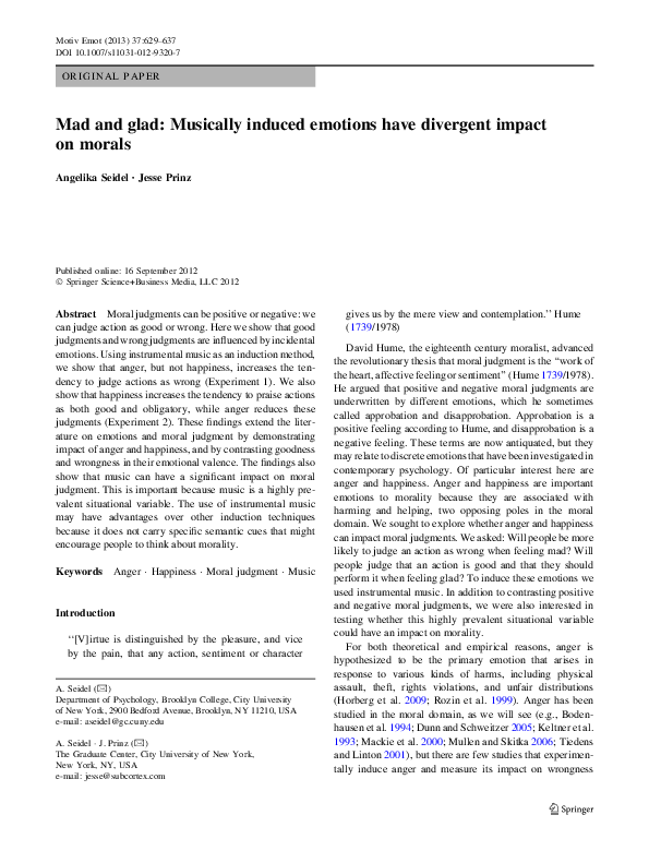 (PDF) Mad and glad: Musically induced emotions have divergent impact on ...