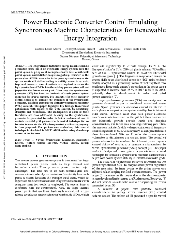 (PDF) Power Electronic Converter Control Emulating Synchronous Machine Characteristics for ...