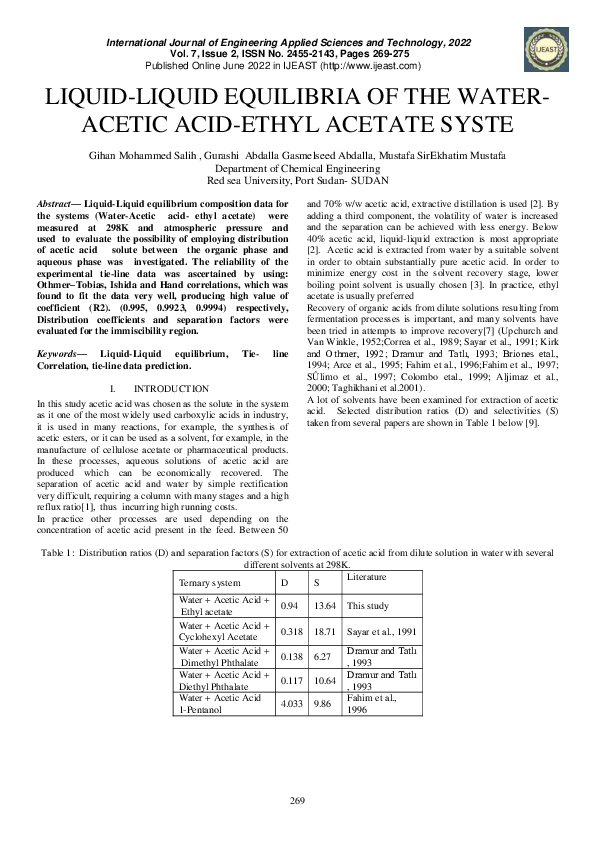 (PDF) LIQUID-LIQUID EQUILIBRIA OF THE WATER-ACETIC ACID-ETHYL ACETATE SYSTE