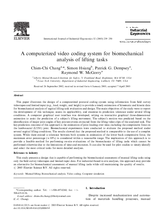 (PDF) A computerized video coding system for biomechanical analysis of lifting tasks