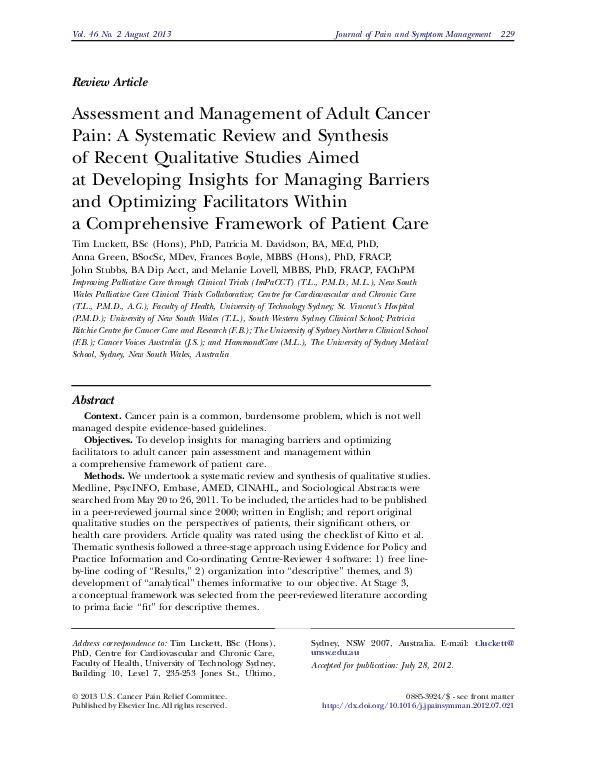(PDF) Assessment and Management of Adult Cancer Pain: A Systematic ...