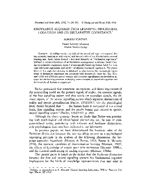 (PDF) Knowledge Acquired from Learning: Procedural Cognition and Its Declarative Cognizance