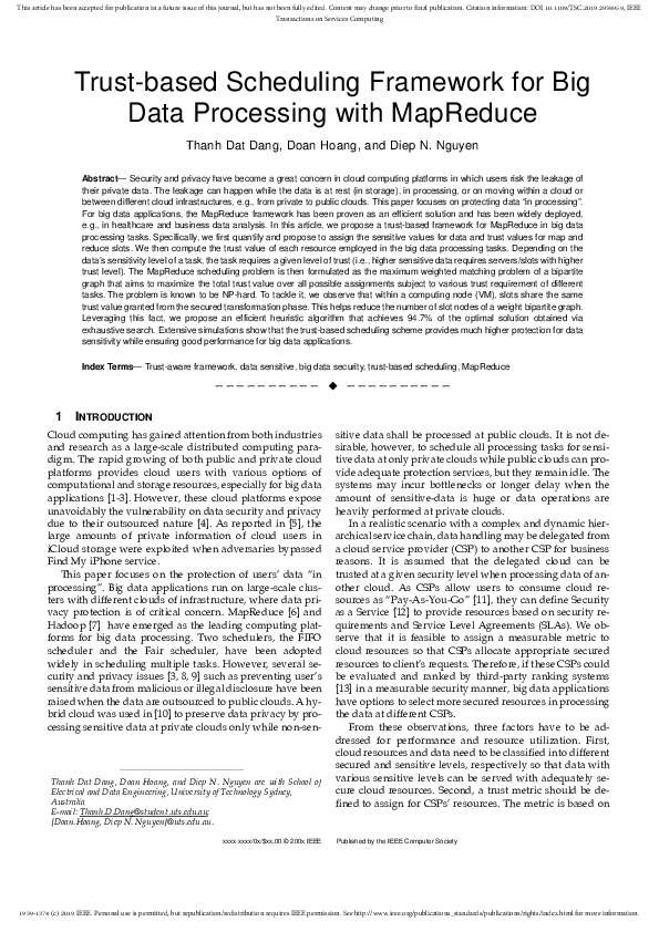 Pdf Trust Based Scheduling Framework For Big Data Processing With Mapreduce