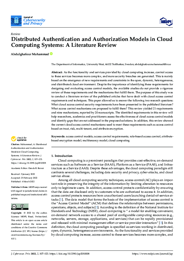 Pdf Distributed Authentication And Authorization Models In Cloud