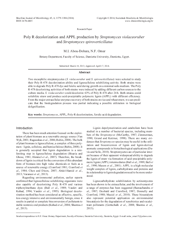 (PDF) Poly R decolorization and APPL production by Streptomyces ...