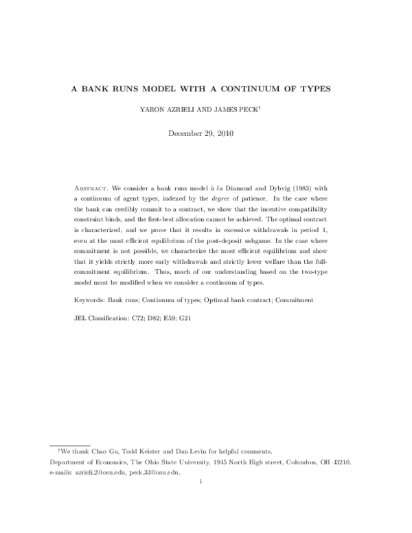(PDF) A bank runs model with a continuum of types